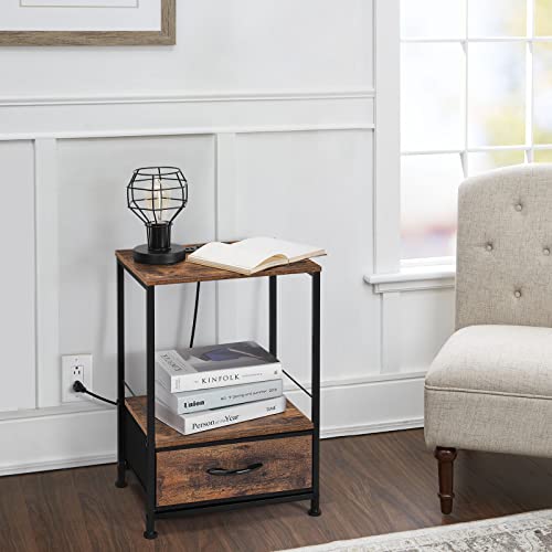 Nightstands for Bedrooms Set of 2 Night Stand with Charging Station End Side Table with Power Outlets for Living Room End Table with Drawer Storage Small Bedside Tables for Small Spaces, Rustic Brown