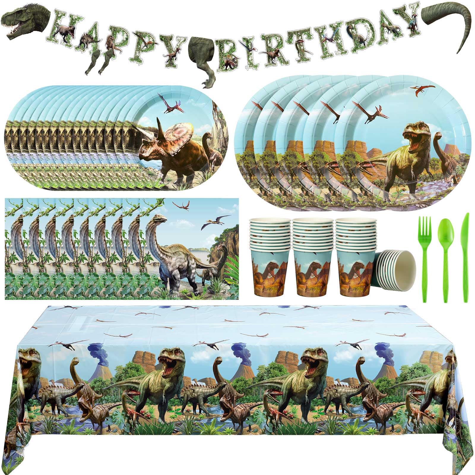 Seewey 171 Pieces Dinosaur Party Supplies Jurassic Happy Birthday Party Decorations Dinosaur Theme Birthday Tableware Tablecloth Dino Plates Napkins Cup Forks Banner for 24 Guests