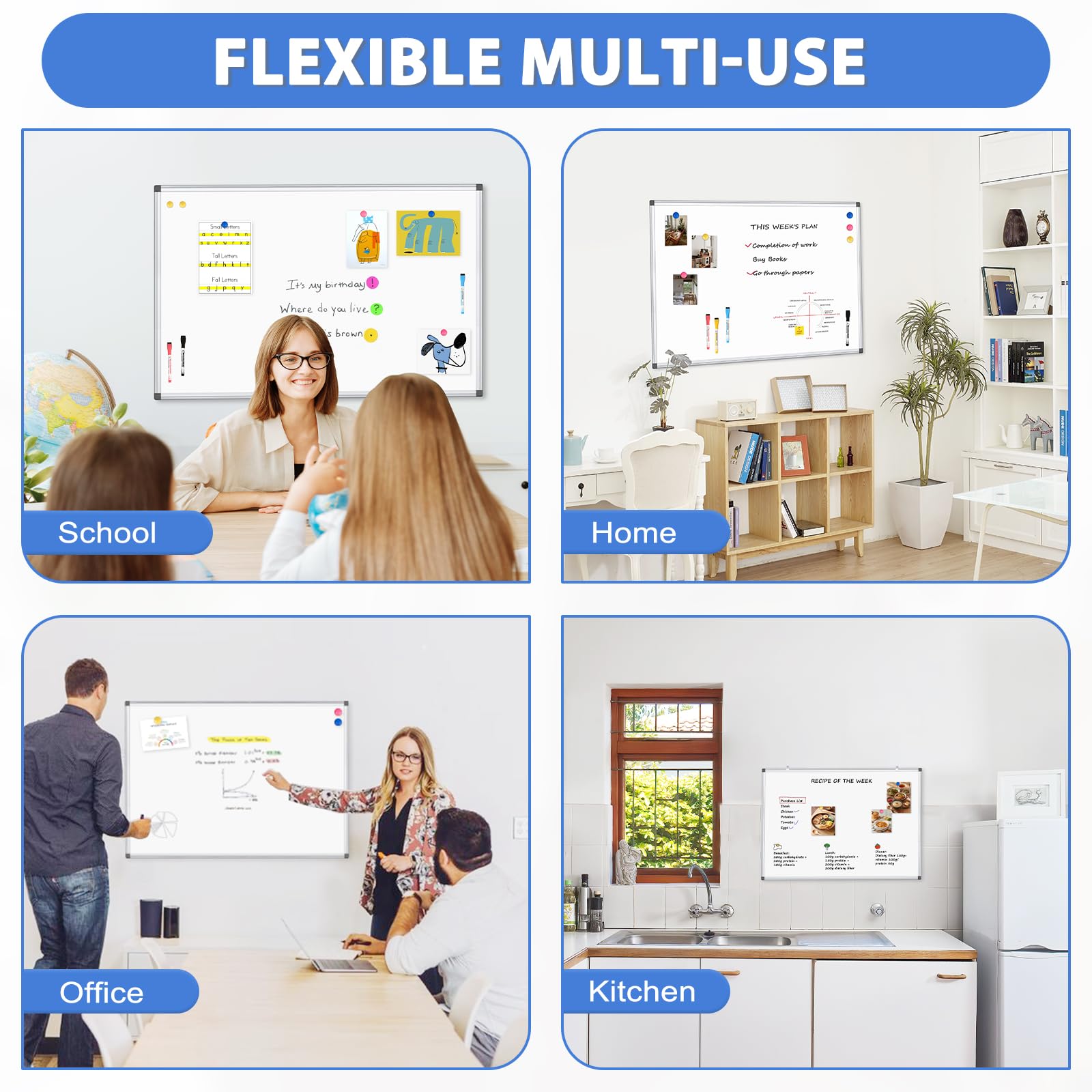 WALGLASS Magnetic White Board, 36" x 24" Double-Sides Dry Erase White Board for Wall, Hanging or Mounted Whiteboard, Horizontal or Vertical, Silver Aluminium Frame, Home, School, Office, Kitchen