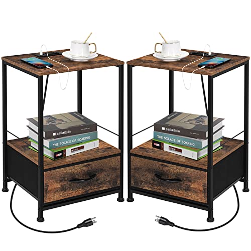 Nightstands for Bedrooms Set of 2 Night Stand with Charging Station End Side Table with Power Outlets for Living Room End Table with Drawer Storage Small Bedside Tables for Small Spaces, Rustic Brown