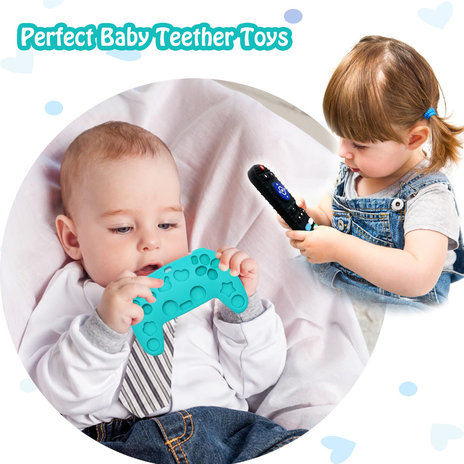Silicone Baby Teething Toys, 2 Pack Teethers for Babies with Pacifier Clip, Game Remote Control Teether for Baby Boys Girls, Durable Sensory Chew Toys for Kids Toddlers Infants