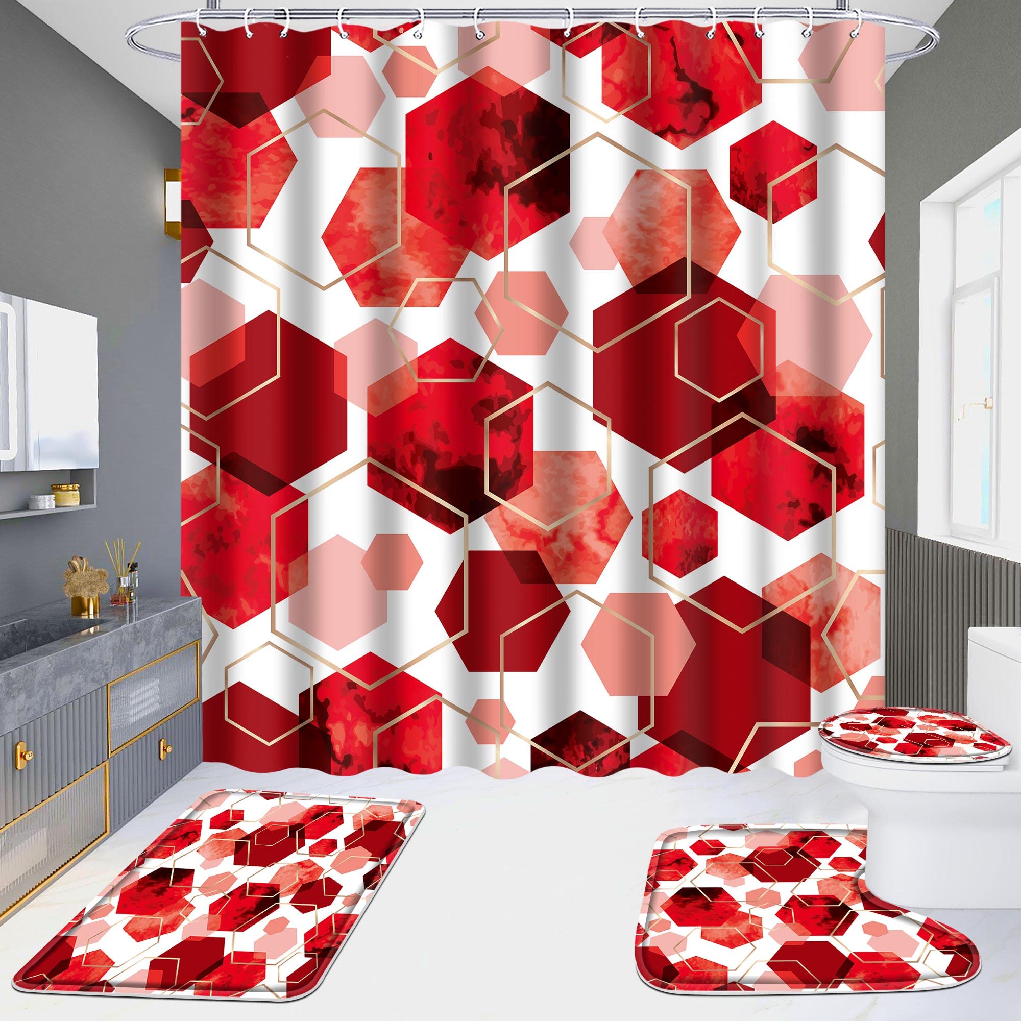 YOKYHOM Bathroom Sets, 4 Piece Geometric Red Bathroom Shower Curtain Sets with Rugs, Incl 71'' x 71'' Polyester Waterproof Shower Curtain with 12 Hooks, Non Slip Bath Mats and Toilet Lid Oval Rug