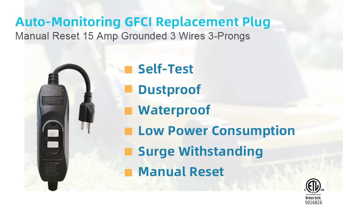 GFCI Replacement Inline Assembly 3 Wires , Auto-Monitor,Manual Reset, Waterproof, Ground Fault Circuit Interrupter for Power Pressure Washer, Power Tools, Lawn , Pool Pump,