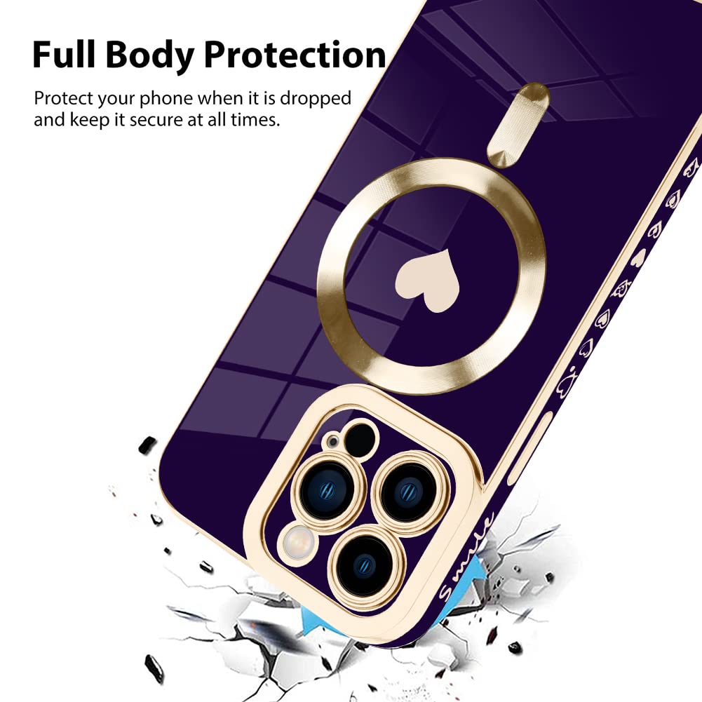 Bonoma for iPhone 13 Pro Max Case [Support Magsafe] Love Heart Pattern Magnetic Plating Electroplate Luxury Elegant Case Camera Protector Soft TPU Shockproof Protective Corner Back Cover -Purple