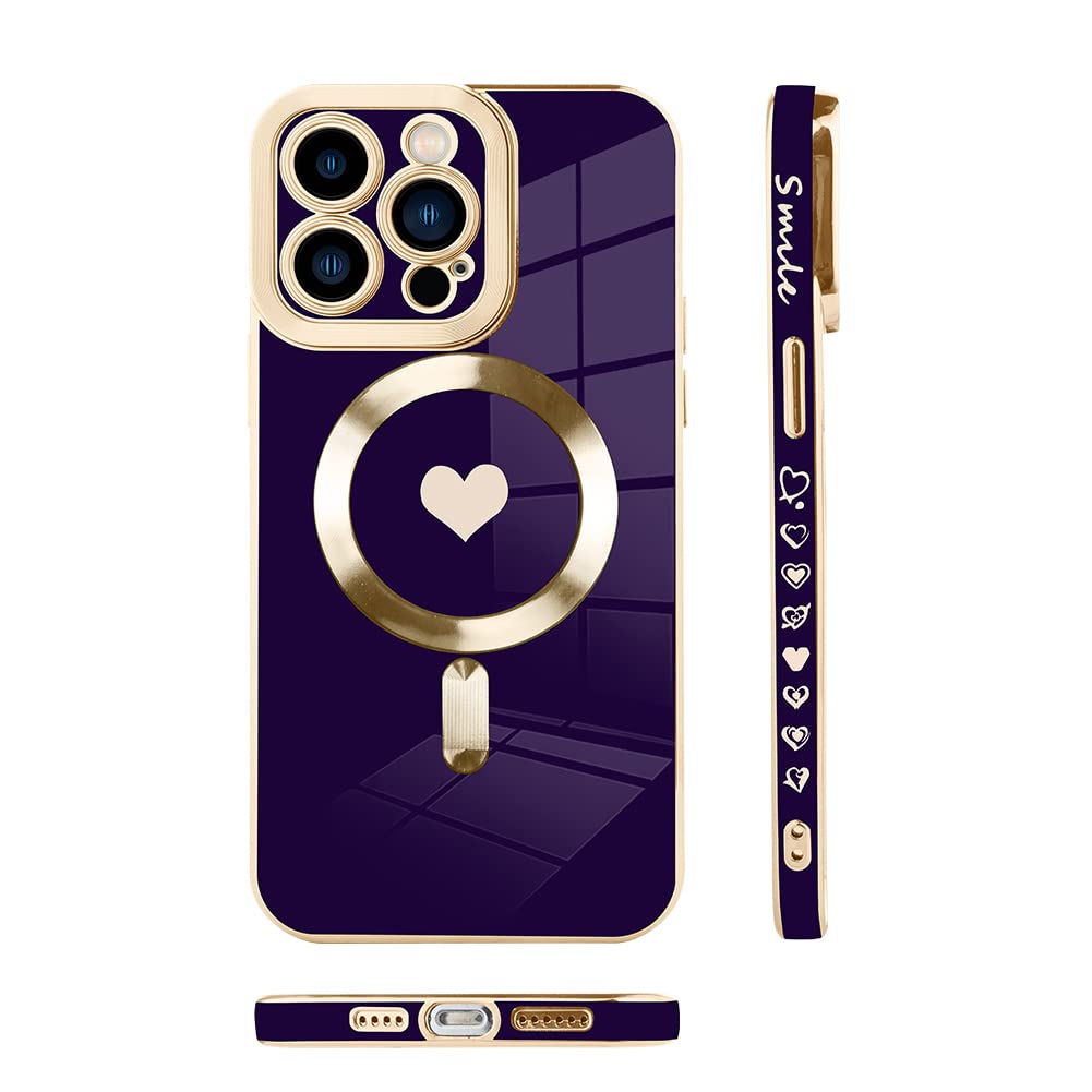 Bonoma for iPhone 13 Pro Max Case [Support Magsafe] Love Heart Pattern Magnetic Plating Electroplate Luxury Elegant Case Camera Protector Soft TPU Shockproof Protective Corner Back Cover -Purple