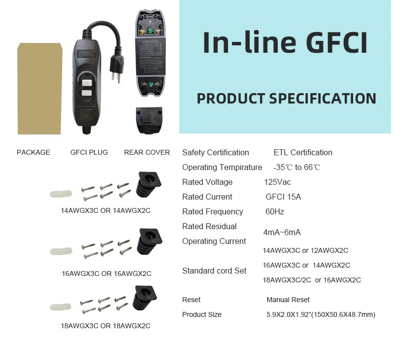GFCI Replacement Inline Assembly 3 Wires , Auto-Monitor,Manual Reset, Waterproof, Ground Fault Circuit Interrupter for Power Pressure Washer, Power Tools, Lawn , Pool Pump,