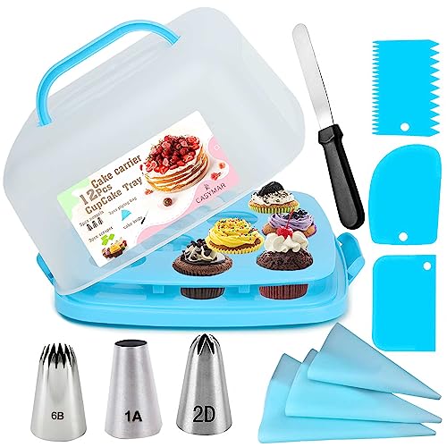 CASYMAR Portable Cake Carrier with 12 Cupcake Holder with Lid- Plastic Cake Containers with Lids Includes Knife & Accessories-Two Sided Base for Snacks Cookies Nuts Fruit etc-Suitable for 12-inch Cake