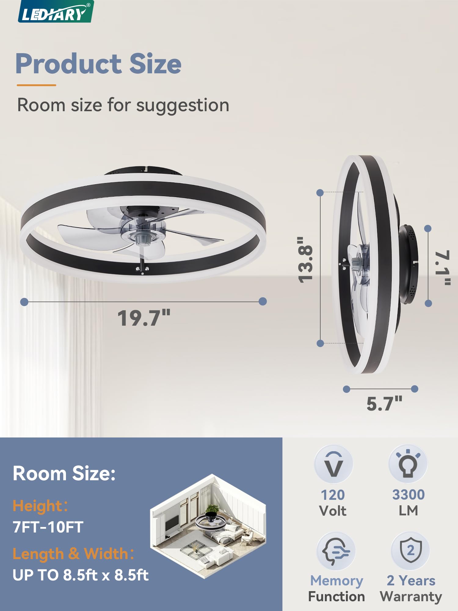 LEDIARY Low Profile Ceiling Fans with Lights, Flush Mount Modern Ceiling Fan and Remote Control, 19.7" LED Ceiling Fans, Stepless Dimmable 3 Colors and 6 Speeds - Black