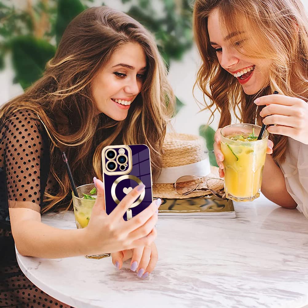 Bonoma for iPhone 13 Pro Max Case [Support Magsafe] Love Heart Pattern Magnetic Plating Electroplate Luxury Elegant Case Camera Protector Soft TPU Shockproof Protective Corner Back Cover -Purple