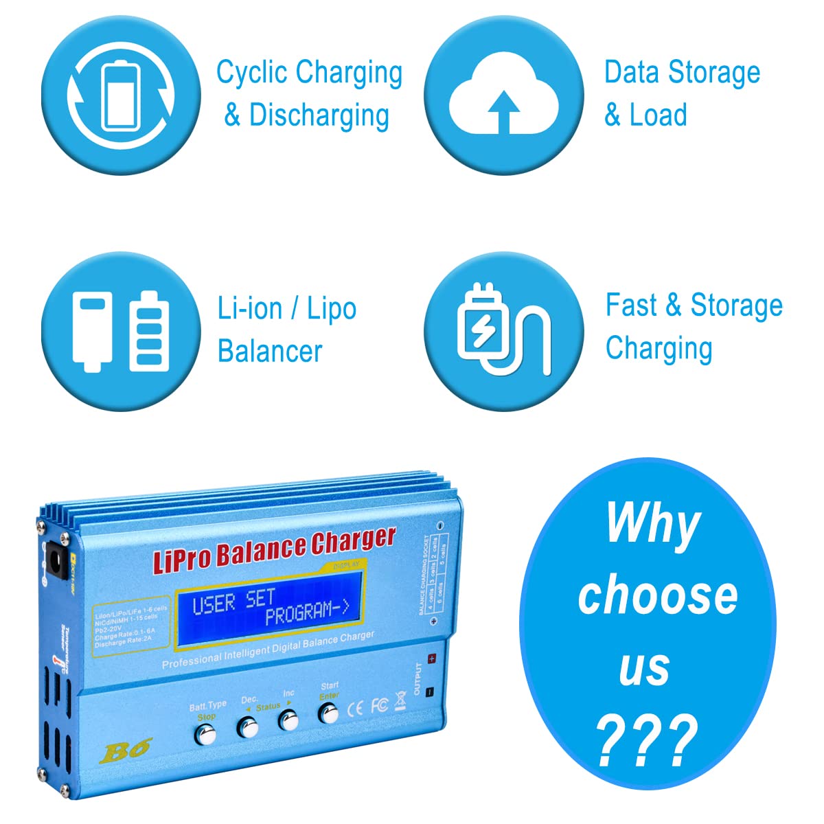 diymore Balance Charger Discharger 1S-6S Digital Battery Pack Charger 80W 6A with AC Adapter for Li-ion/Life/NiCd/NiMH/LiHV/PB/Smart Battery