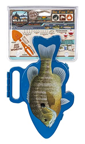 Flambeau Outdoors Wild Bite Fishing Tackle Box Kit | Blue/Bluegill - Tackle Box for Beginners, 25-Piece Multi-Species Tackle Assortment for Catching Bass/Panfish/Trout, Spade and Plier Multi-Tool