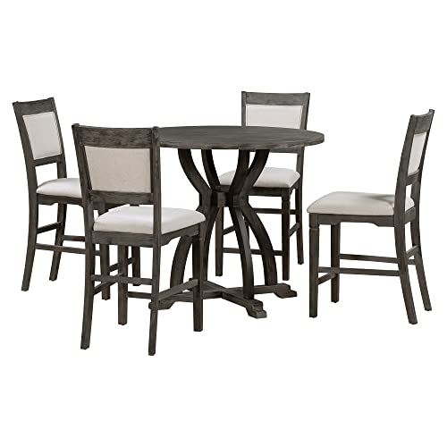 Hlcodca Farmhouse 5-Piece Counter Height Dining Table Set,Round Kitchen Dining Table Set with Trestle Legs and 4 Upholstered Dining Chairs for Small Place (Gray#R^Farmhouse)