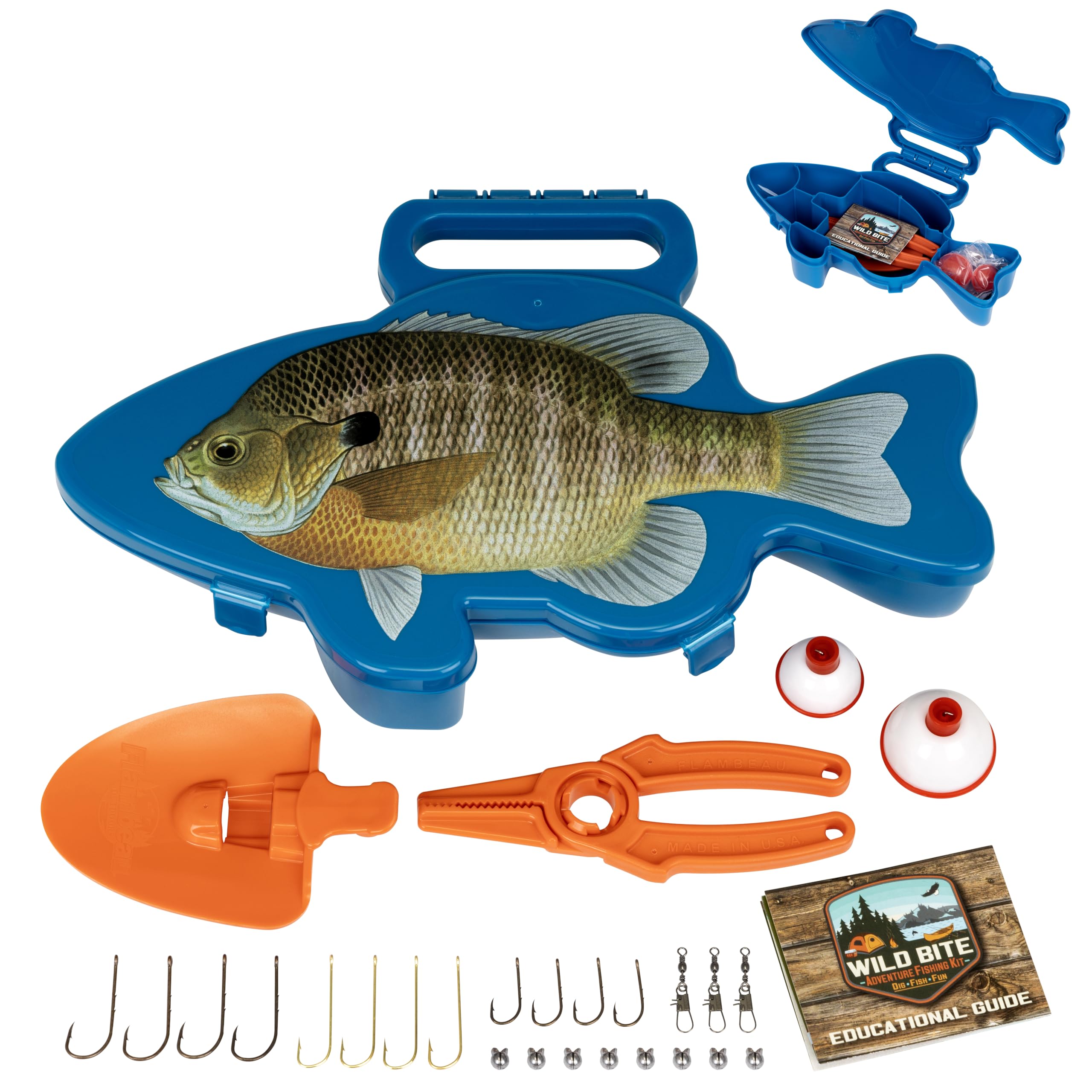 Flambeau Outdoors Wild Bite Fishing Tackle Box Kit | Blue/Bluegill - Tackle Box for Beginners, 25-Piece Multi-Species Tackle Assortment for Catching Bass/Panfish/Trout, Spade and Plier Multi-Tool