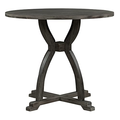 Hlcodca Farmhouse 5-Piece Counter Height Dining Table Set,Round Kitchen Dining Table Set with Trestle Legs and 4 Upholstered Dining Chairs for Small Place (Gray#R^Farmhouse)