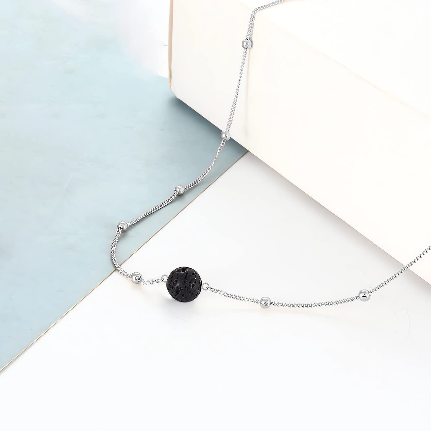 Lava Rock Stones Choker Necklace for Women Chic Beaded Black Essential Oils Diffuser Short Chain Lava Rock Pendant Healing Stone Jewelry (silver)