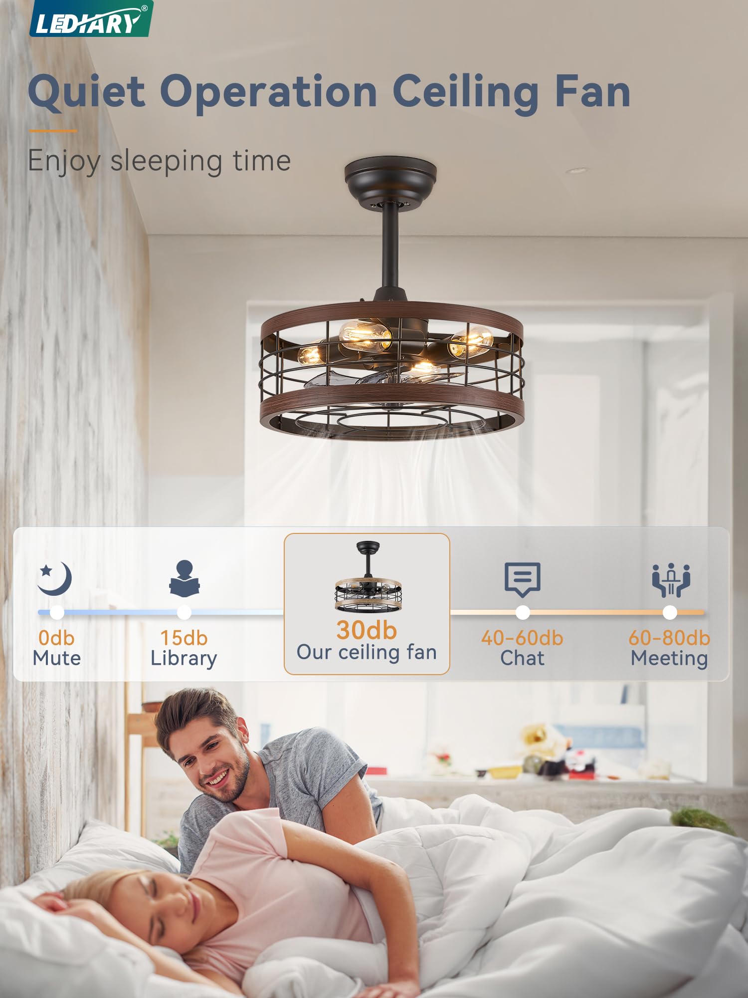LEDIARY 16.5in Caged Ceiling Fan with Light, Bladeless Industrial Ceiling Fan with Remote, Rustic Metal Fan Lights Ceiling Fixtures for Kitchen, Farmhouse, Bedroom(6 Speed,1/2/4/8h Timing)-Walnut
