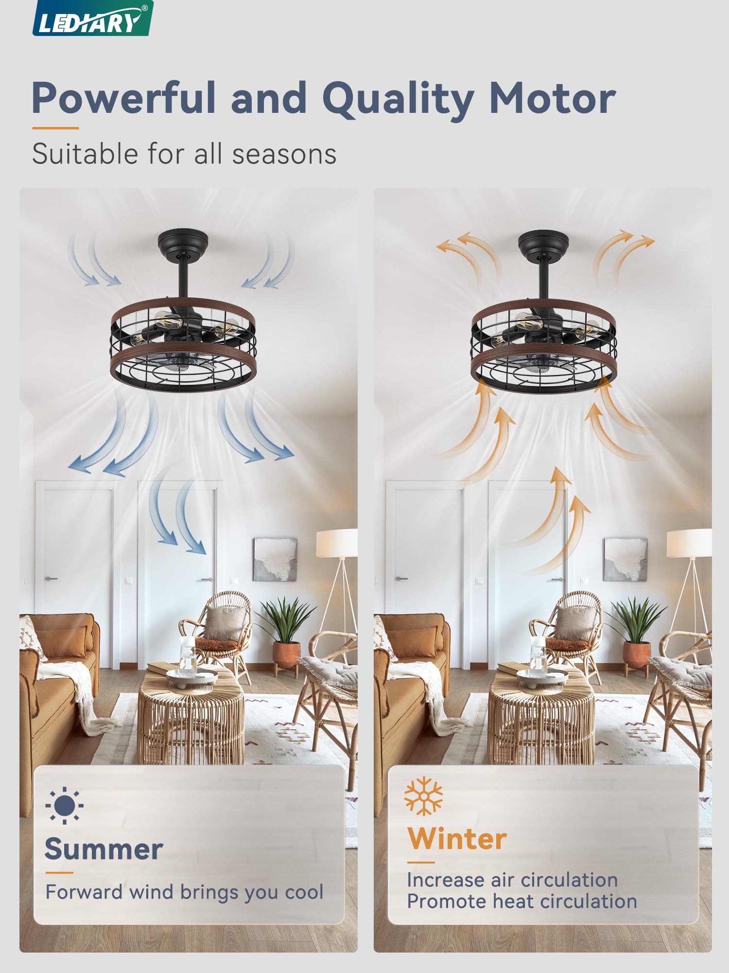 LEDIARY 16.5in Caged Ceiling Fan with Light, Bladeless Industrial Ceiling Fan with Remote, Rustic Metal Fan Lights Ceiling Fixtures for Kitchen, Farmhouse, Bedroom(6 Speed,1/2/4/8h Timing)-Walnut