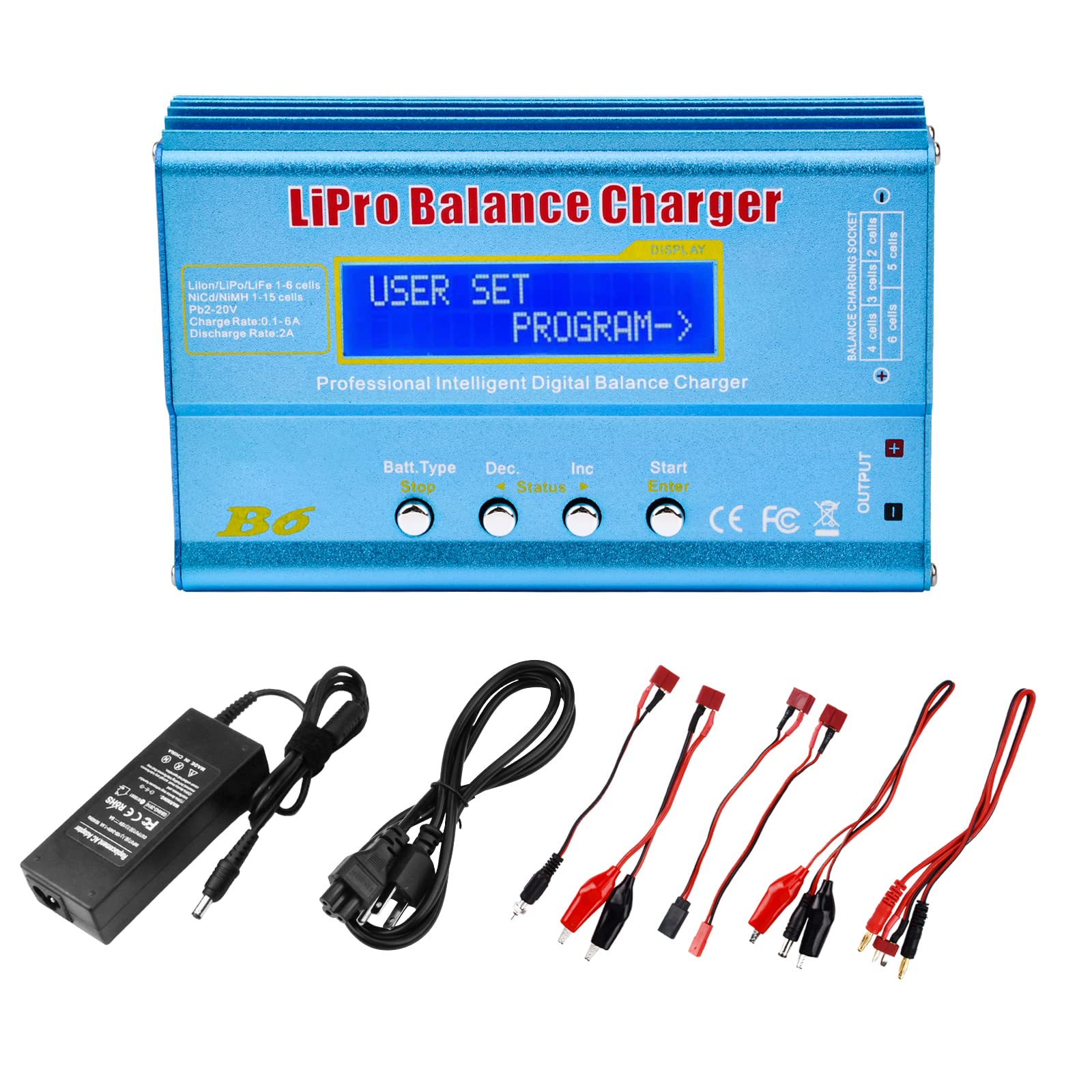 diymore Balance Charger Discharger 1S-6S Digital Battery Pack Charger 80W 6A with AC Adapter for Li-ion/Life/NiCd/NiMH/LiHV/PB/Smart Battery