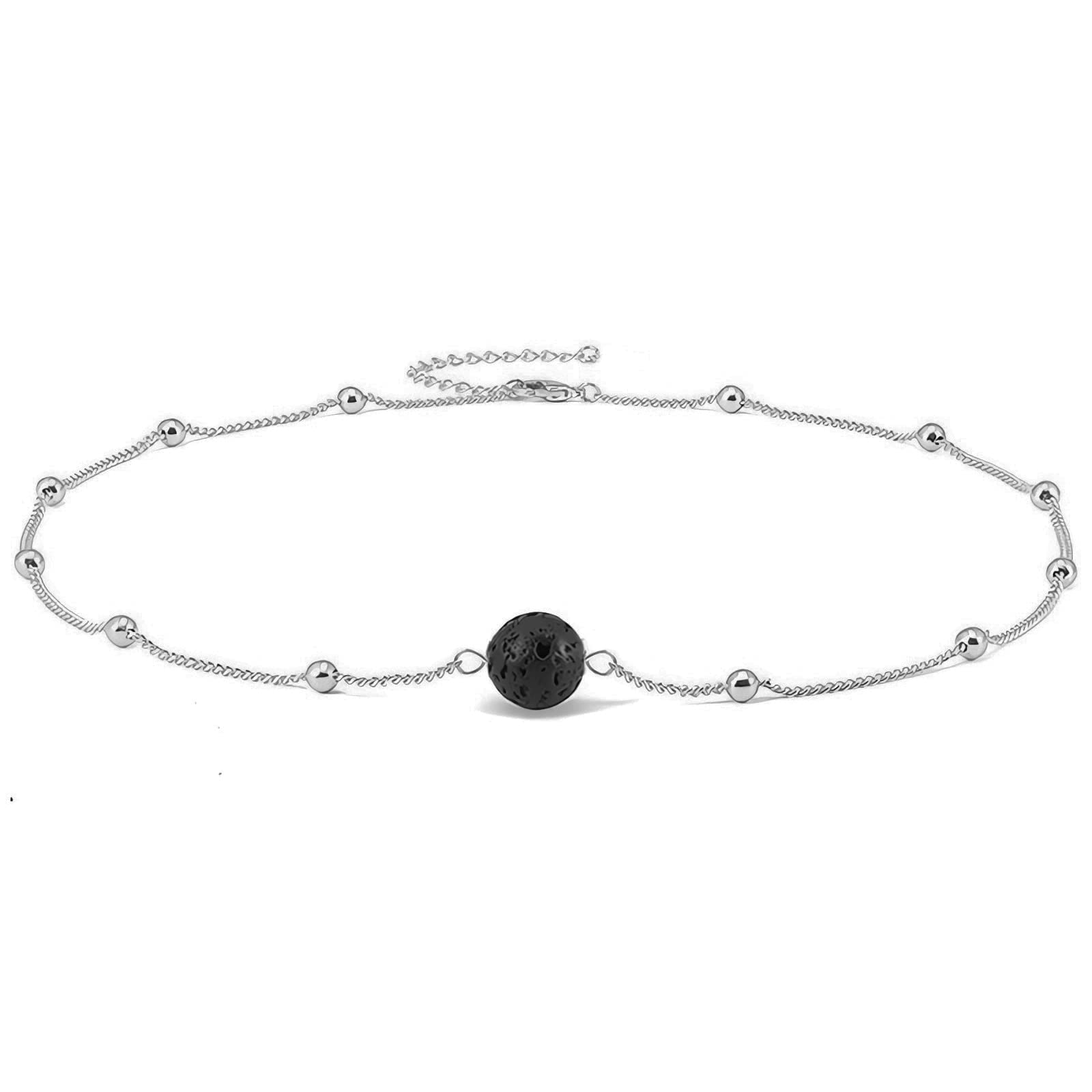 Lava Rock Stones Choker Necklace for Women Chic Beaded Black Essential Oils Diffuser Short Chain Lava Rock Pendant Healing Stone Jewelry (silver)