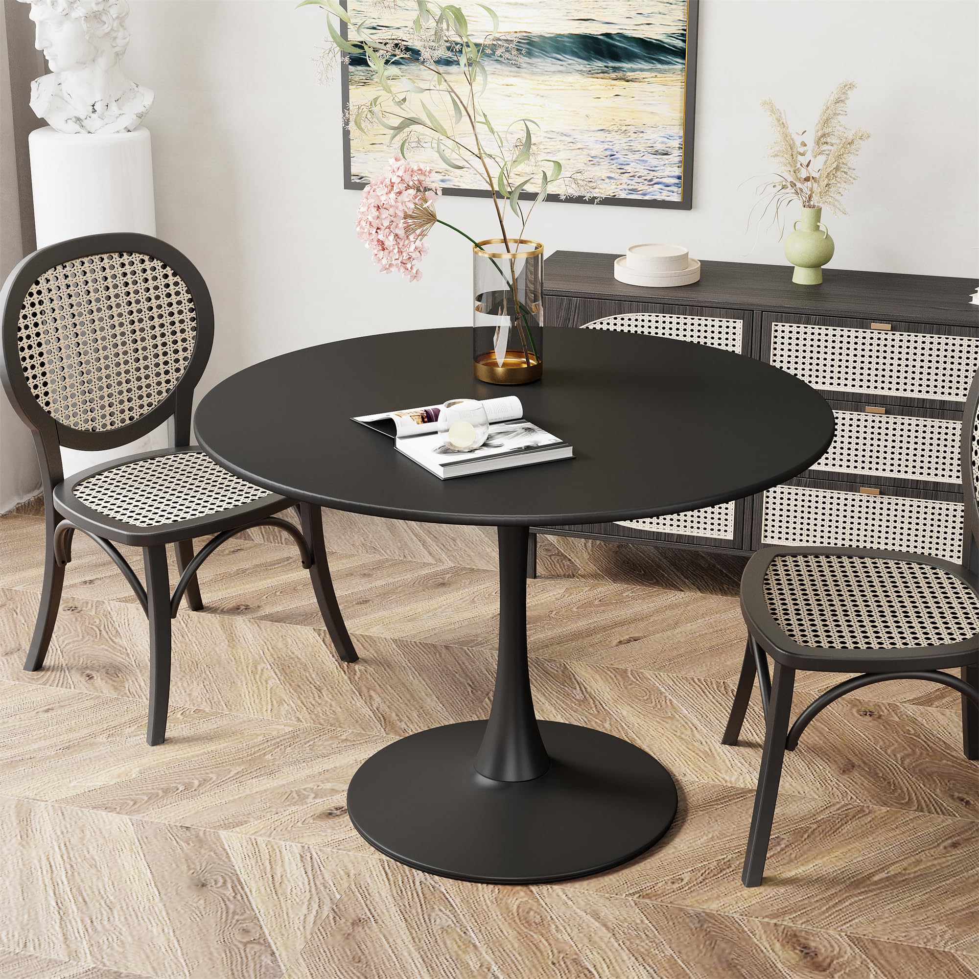 Recaceik Modern Round Dining Table, 42.1'' Tulip Table with MDF Table Top & Metal Pedestal Base for Dining Room Living Room Cafe w/ 0.71” Thickened Tabletop for 4-6 People, Black