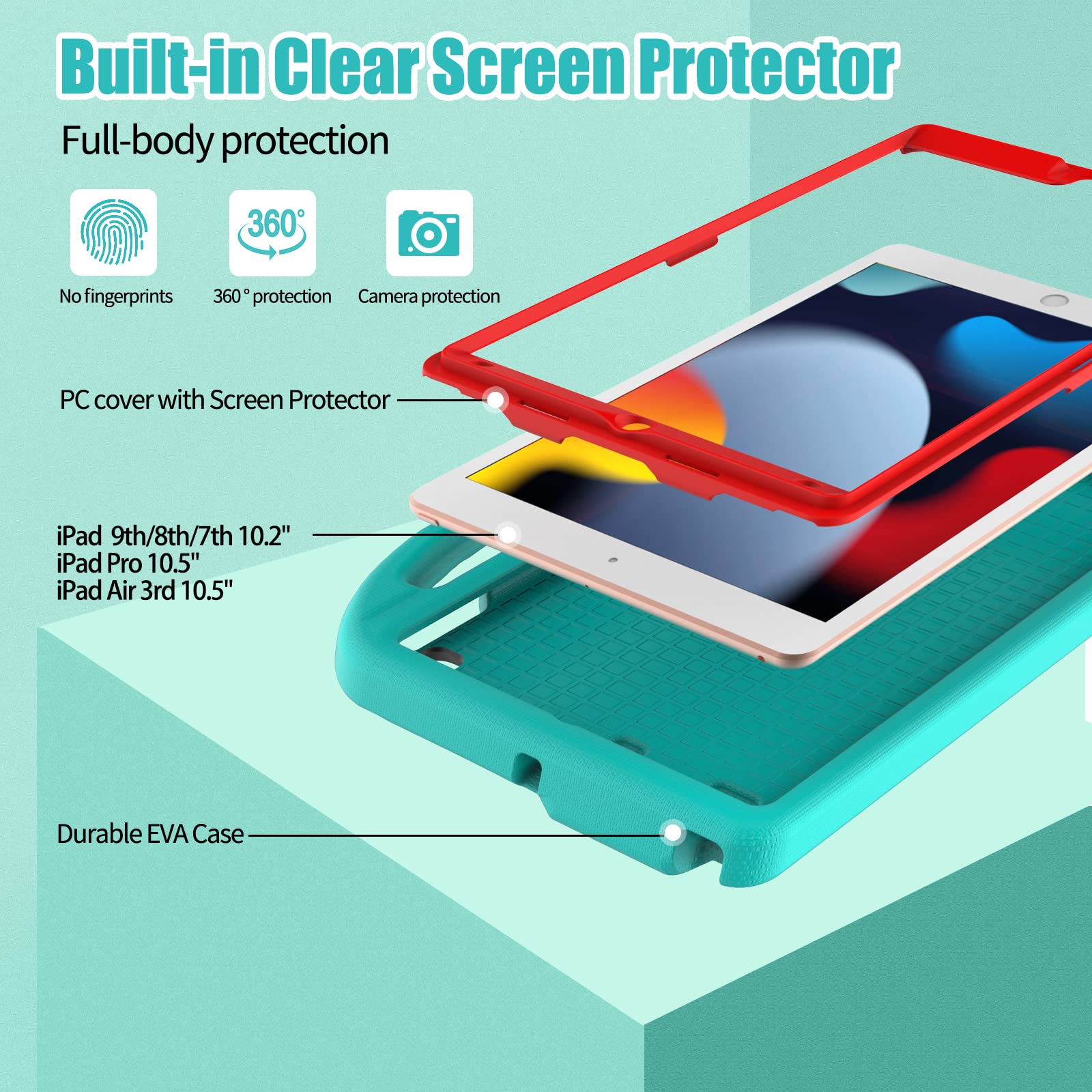 RTOBX Kids Case for iPad 10.2 & 10.5, iPad 9th/8th/7th Generation 10.2" 2021 2020 2019 Case with Screen Protector, iPad Air 3rd Gen/Pro 10.5 inch Protective Cover with Handle Stand, Cyan&Red