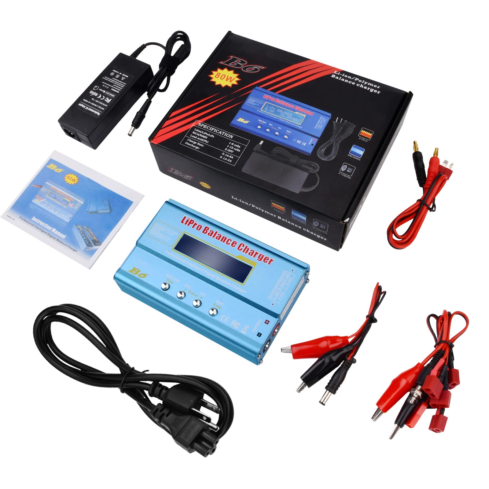 diymore Balance Charger Discharger 1S-6S Digital Battery Pack Charger 80W 6A with AC Adapter for Li-ion/Life/NiCd/NiMH/LiHV/PB/Smart Battery