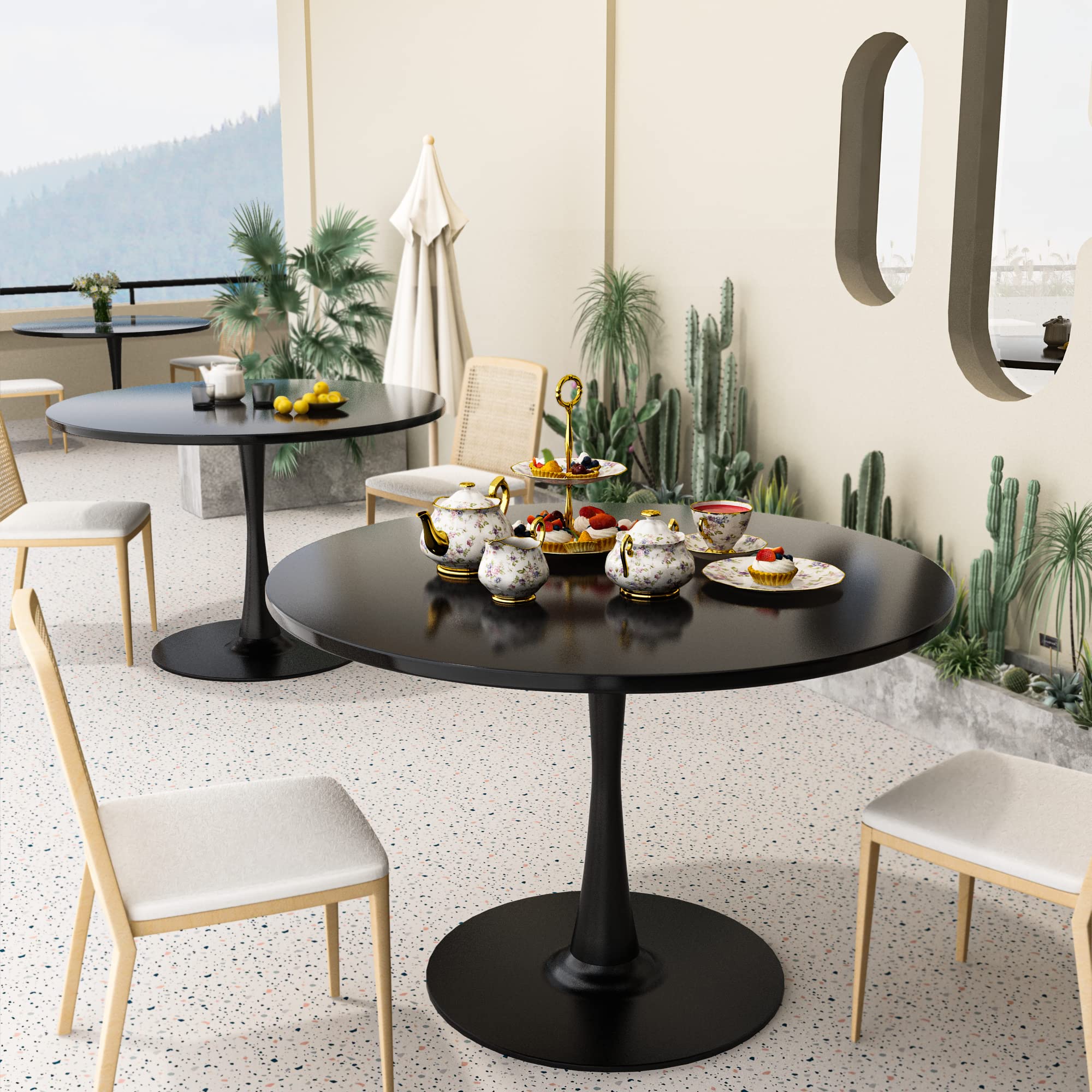 Recaceik Modern Round Dining Table, 42.1'' Tulip Table with MDF Table Top & Metal Pedestal Base for Dining Room Living Room Cafe w/ 0.71” Thickened Tabletop for 4-6 People, Black