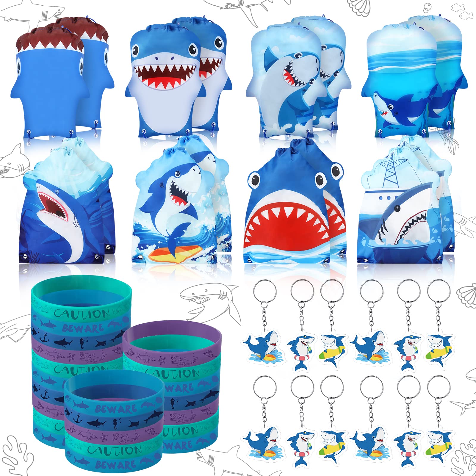 Talltalk 48 Pcs Shark Party Supplies Blue Ocean Pool Party Favor with 16 Pcs Shark Party Drawstring Bag Goodie Bags 16 Shark Wristband 16 Shark Keychain for Shark Birthday Party Supplies Decorations
