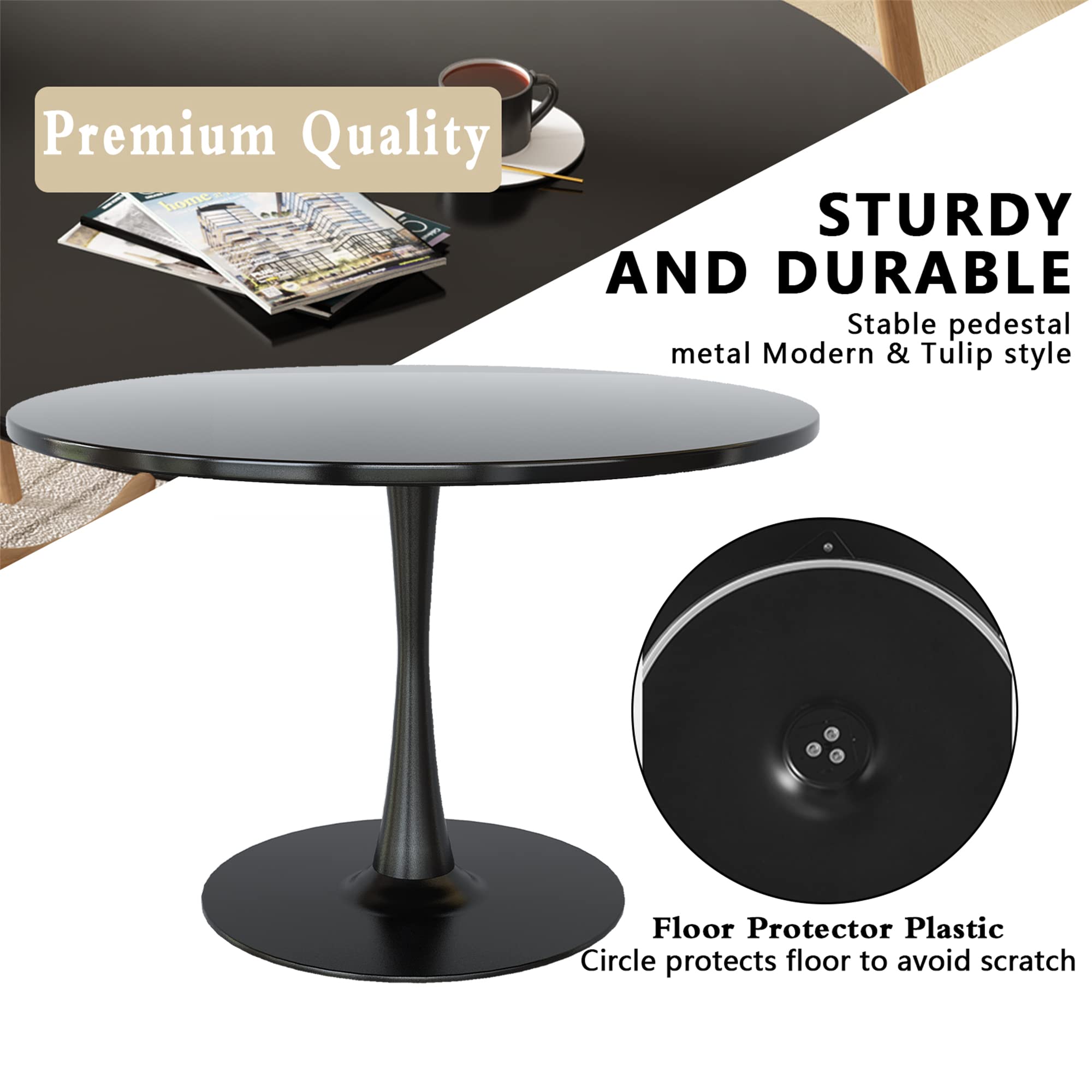 Recaceik Modern Round Dining Table, 42.1'' Tulip Table with MDF Table Top & Metal Pedestal Base for Dining Room Living Room Cafe w/ 0.71” Thickened Tabletop for 4-6 People, Black