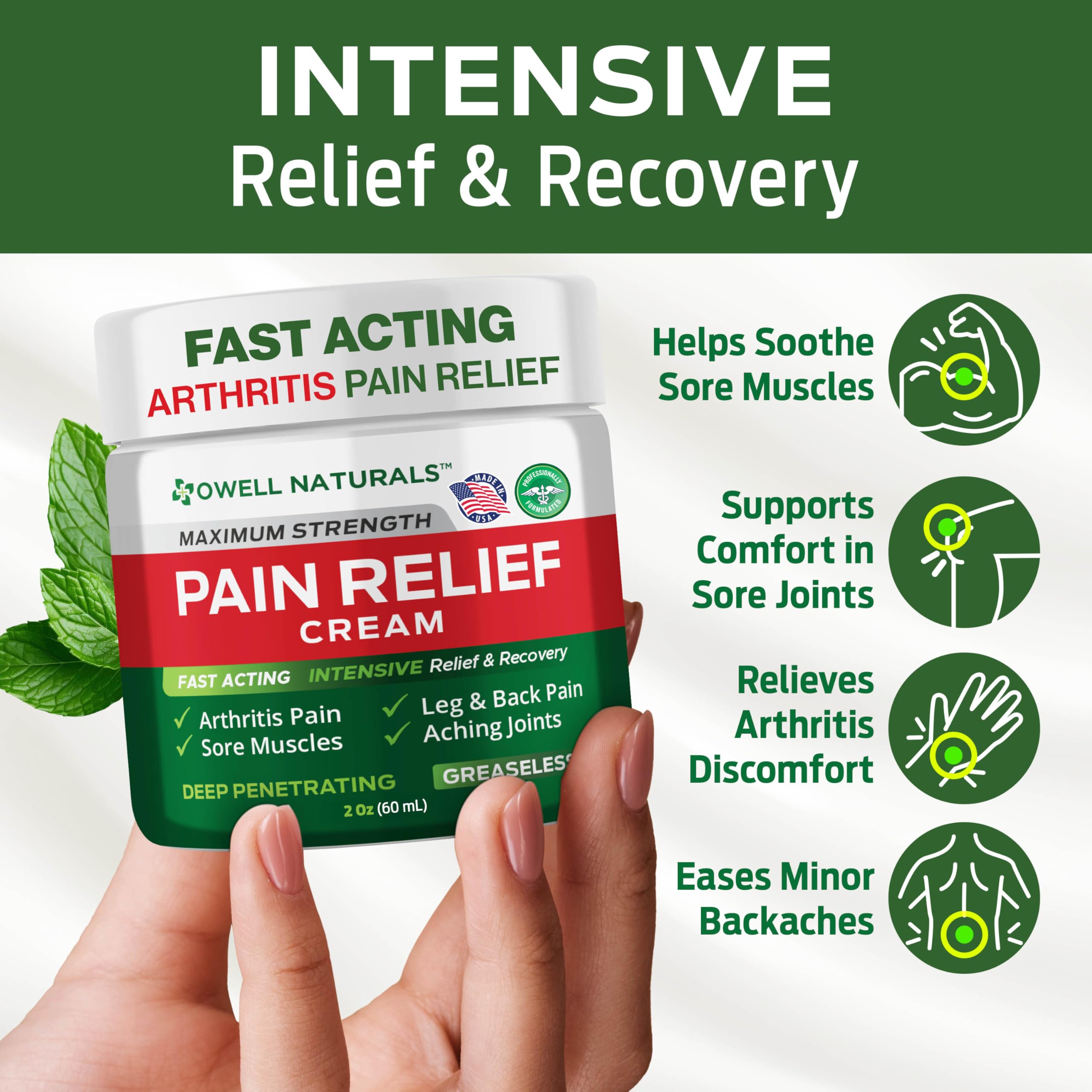 OWELL NATURALS Arthritis Pain Relief Cream, Fast-Acting, Deep Penetrating Joint & Muscle | Non-Greasy Formula for Back, Knee, Feet, Hand, Legs, Shoulder | Natural Ingredients, 2 oz