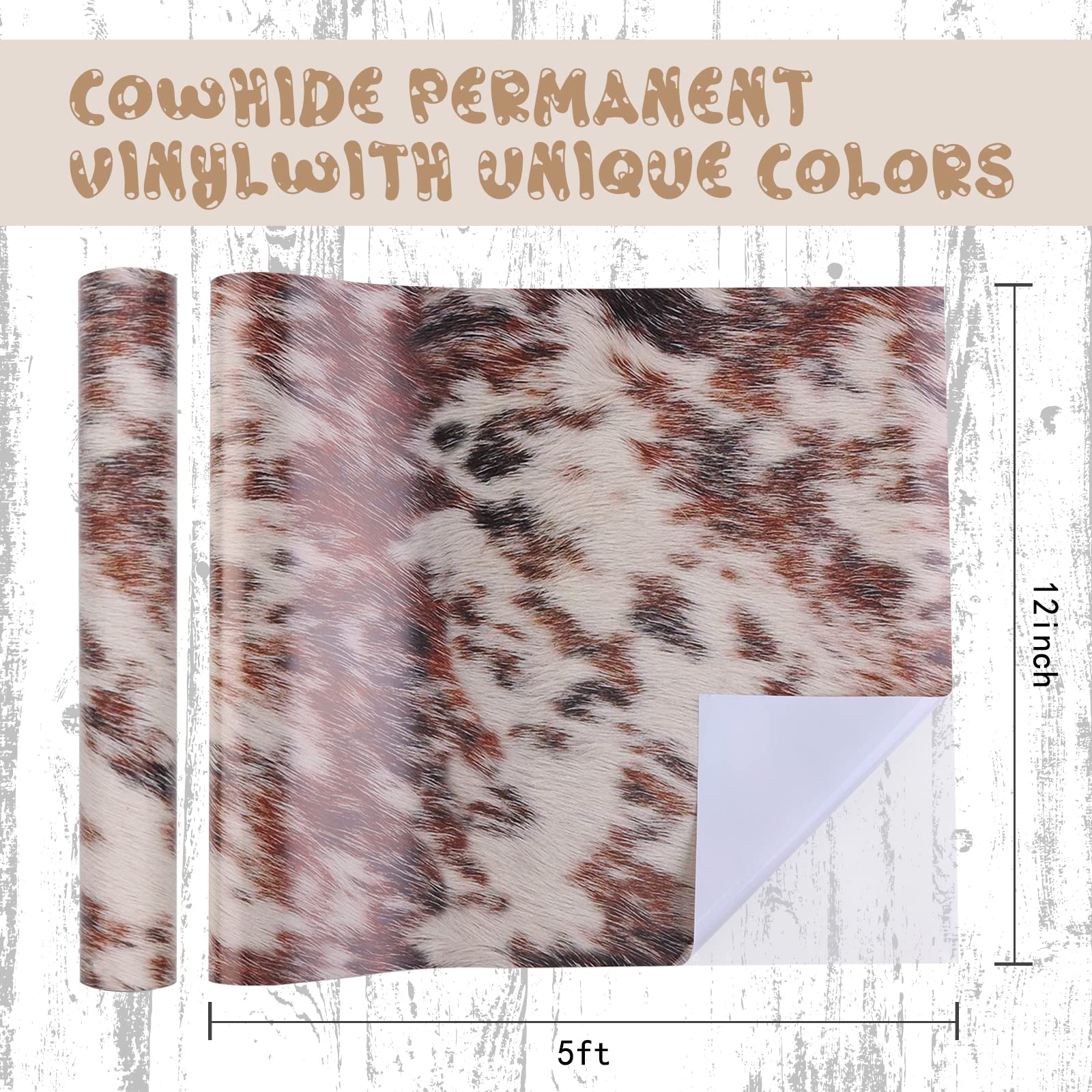Tintnut Cowhide Permanent Vinyl Roll - 12 inch x 5ft, Cow Print Adhesive Vinyl, Skins Animal Print Vinyl, Permanent Outdoor Vinyl for Decor Sticker, Self Sticker Water proofing Vinyl