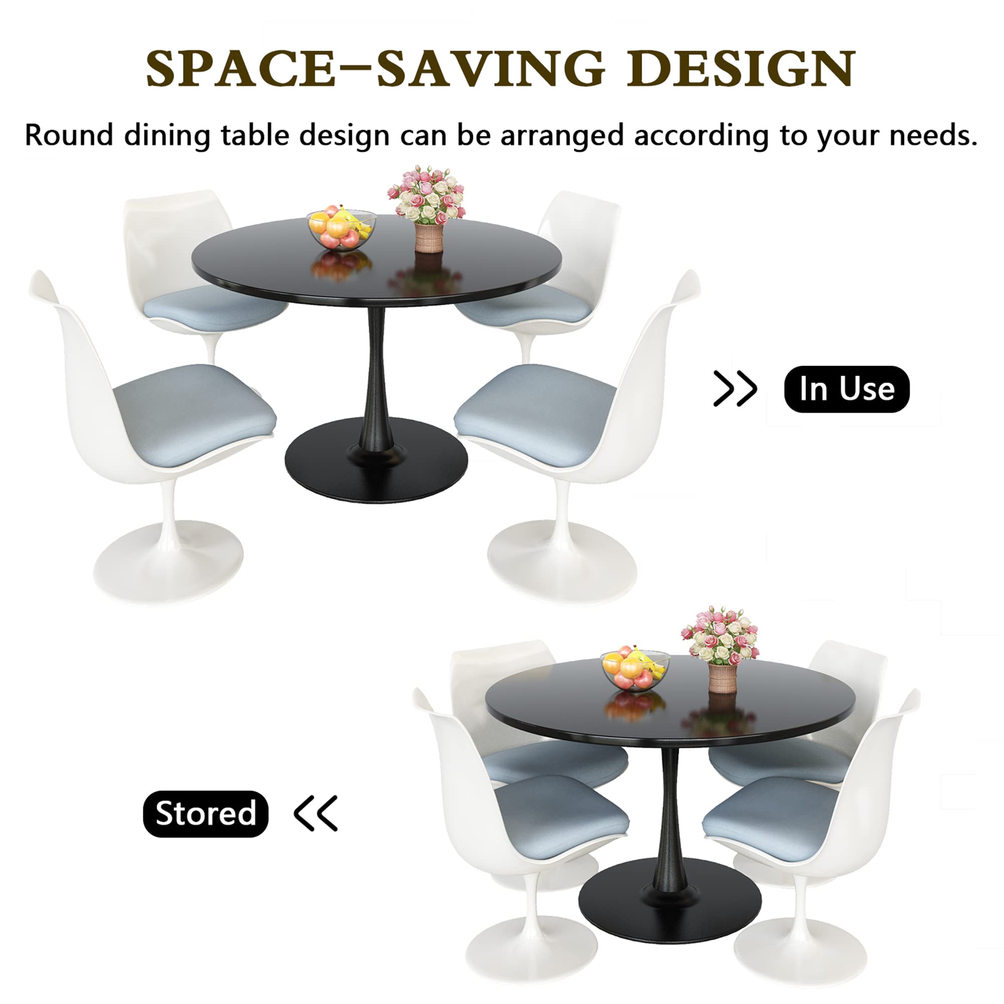 Recaceik Modern Round Dining Table, 42.1'' Tulip Table with MDF Table Top & Metal Pedestal Base for Dining Room Living Room Cafe w/ 0.71” Thickened Tabletop for 4-6 People, Black