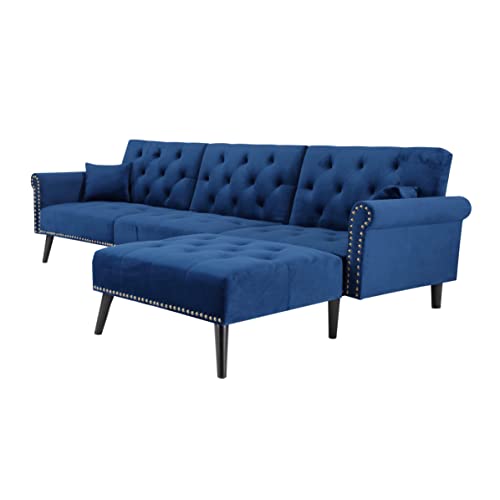 FANYE Navy Corner Velvet Tufted, L-Shaped 3 Seater Sofa & Sectional Convertible Sleeper Couch Bed with Reversible Chaise and Nailhead Decor for Home Office Apartment Living Room