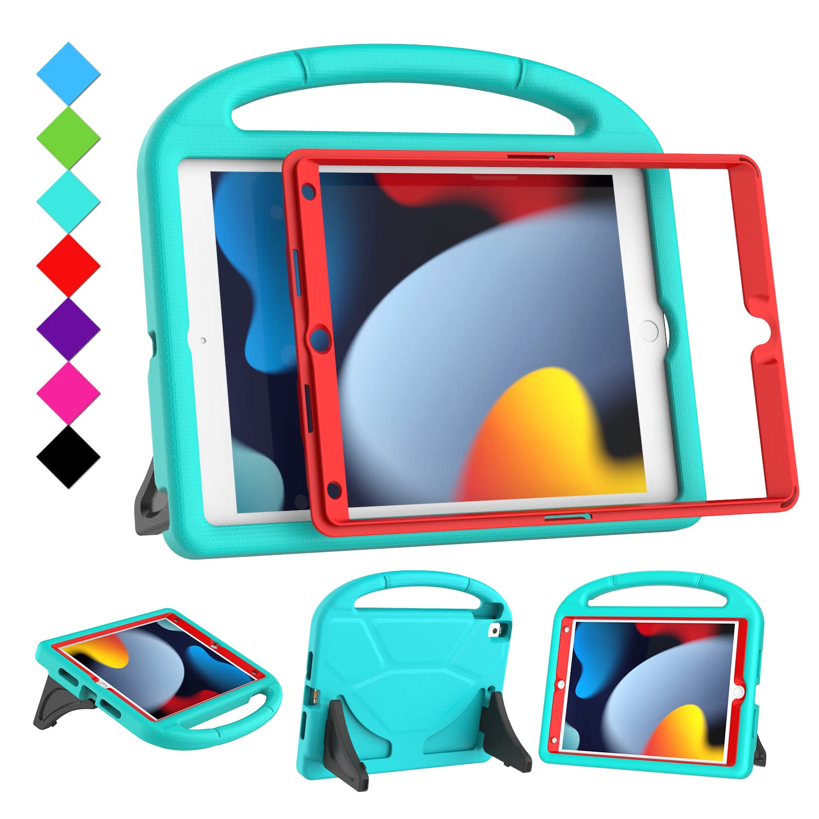 RTOBX Kids Case for iPad 10.2 & 10.5, iPad 9th/8th/7th Generation 10.2" 2021 2020 2019 Case with Screen Protector, iPad Air 3rd Gen/Pro 10.5 inch Protective Cover with Handle Stand, Cyan&Red