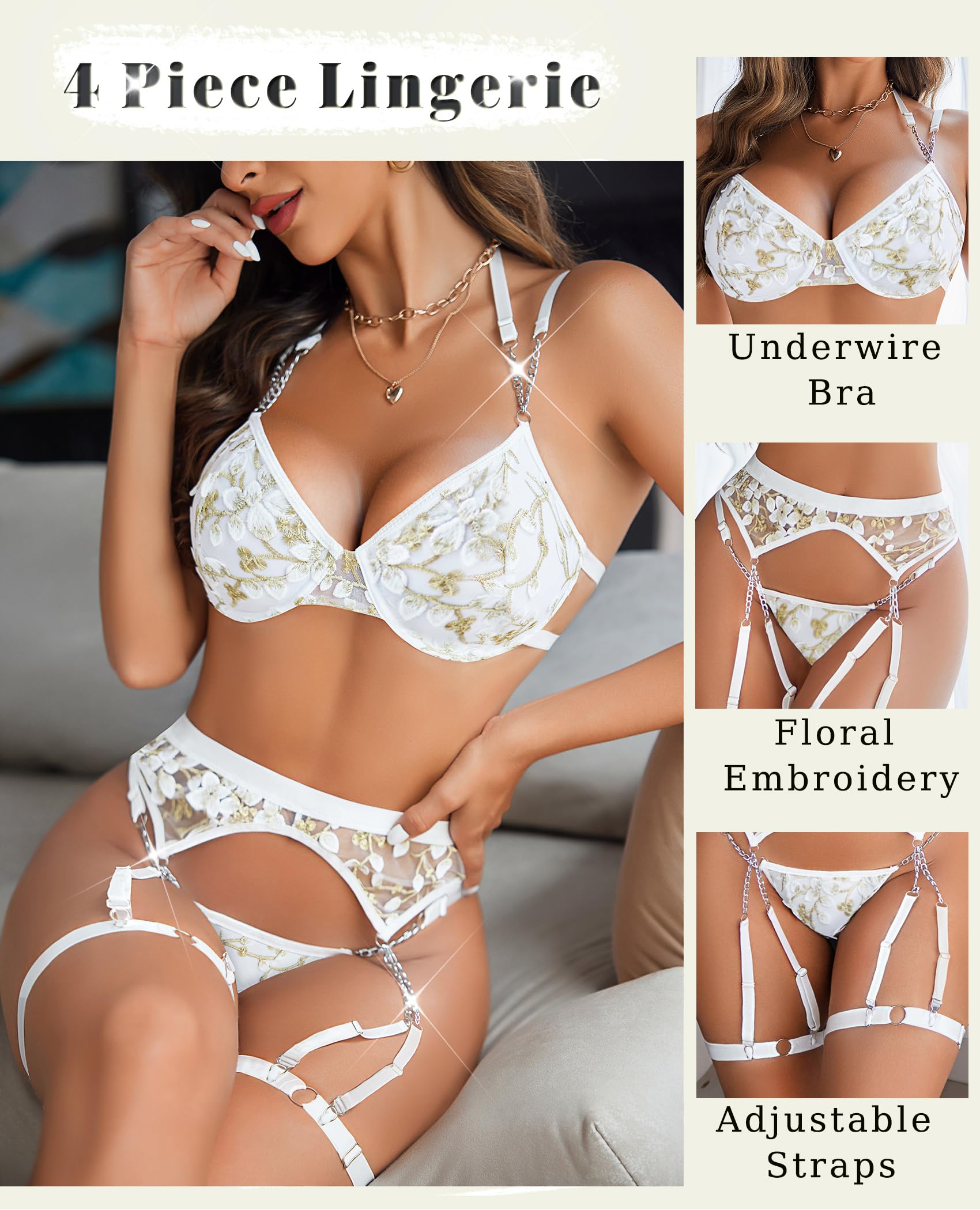Avidlove Women's Exotic Lingerie Sets Sexy Bra and Panty Sets Plus Size Lingerie Floral (White, XXL)