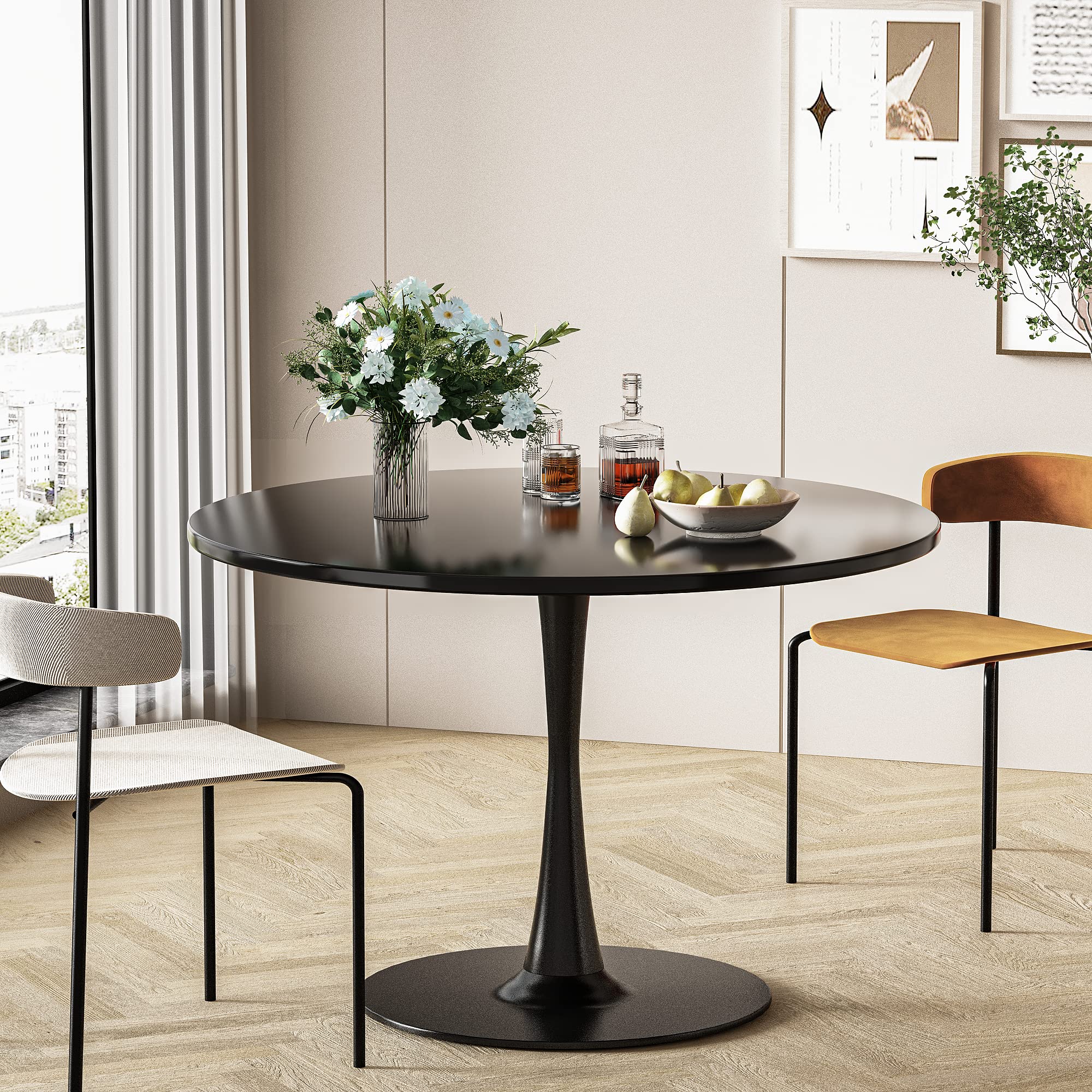Recaceik Modern Round Dining Table, 42.1'' Tulip Table with MDF Table Top & Metal Pedestal Base for Dining Room Living Room Cafe w/ 0.71” Thickened Tabletop for 4-6 People, Black