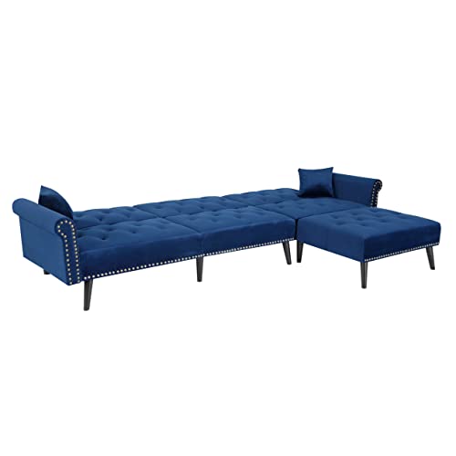 FANYE Navy Corner Velvet Tufted, L-Shaped 3 Seater Sofa & Sectional Convertible Sleeper Couch Bed with Reversible Chaise and Nailhead Decor for Home Office Apartment Living Room