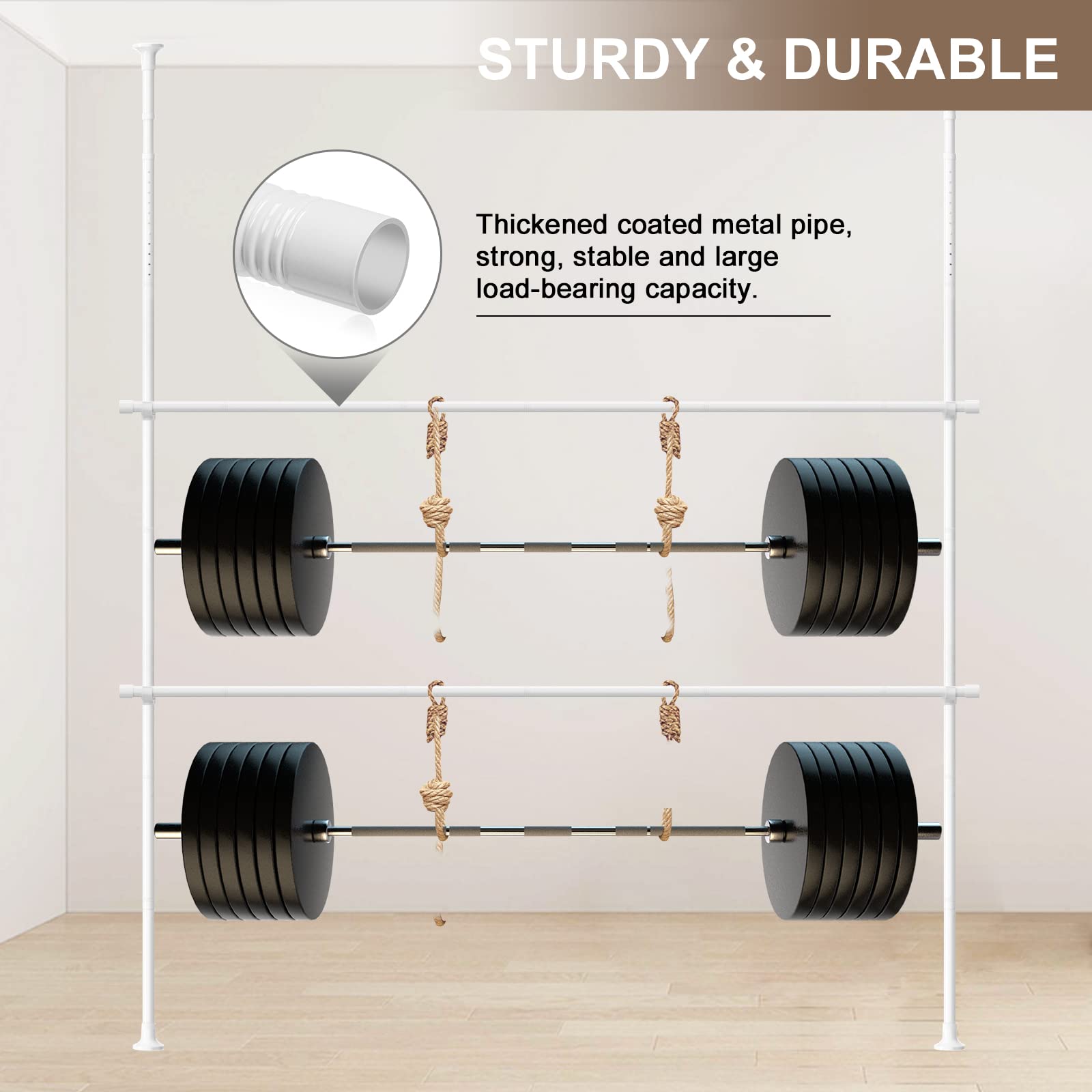 Closet Organizer Garment Rack, Heavy Duty 2-Tier Adjustable Free Standing Clothes Laundry Drying Rack, Floor to Ceiling Clothing Hanger Tension Rod Closet System Wardrobe Storage (White)