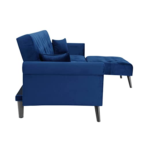 FANYE Navy Corner Velvet Tufted, L-Shaped 3 Seater Sofa & Sectional Convertible Sleeper Couch Bed with Reversible Chaise and Nailhead Decor for Home Office Apartment Living Room