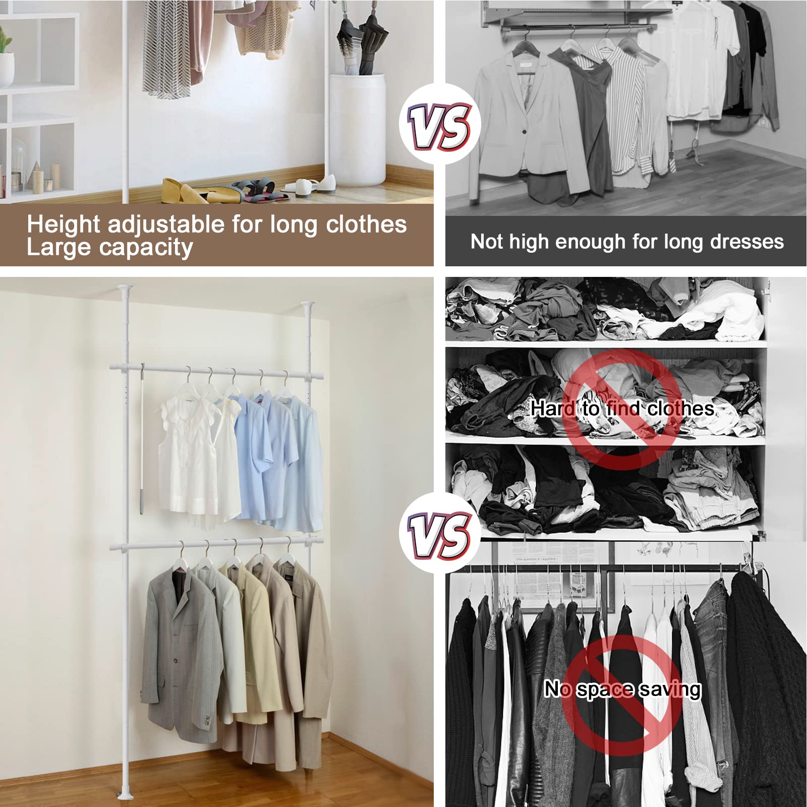 Closet Organizer Garment Rack, Heavy Duty 2-Tier Adjustable Free Standing Clothes Laundry Drying Rack, Floor to Ceiling Clothing Hanger Tension Rod Closet System Wardrobe Storage (White)