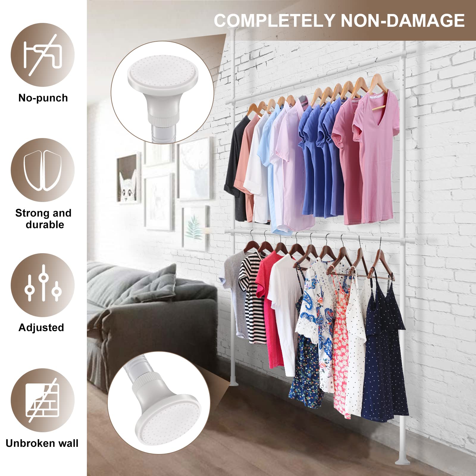 Closet Organizer Garment Rack, Heavy Duty 2-Tier Adjustable Free Standing Clothes Laundry Drying Rack, Floor to Ceiling Clothing Hanger Tension Rod Closet System Wardrobe Storage (White)