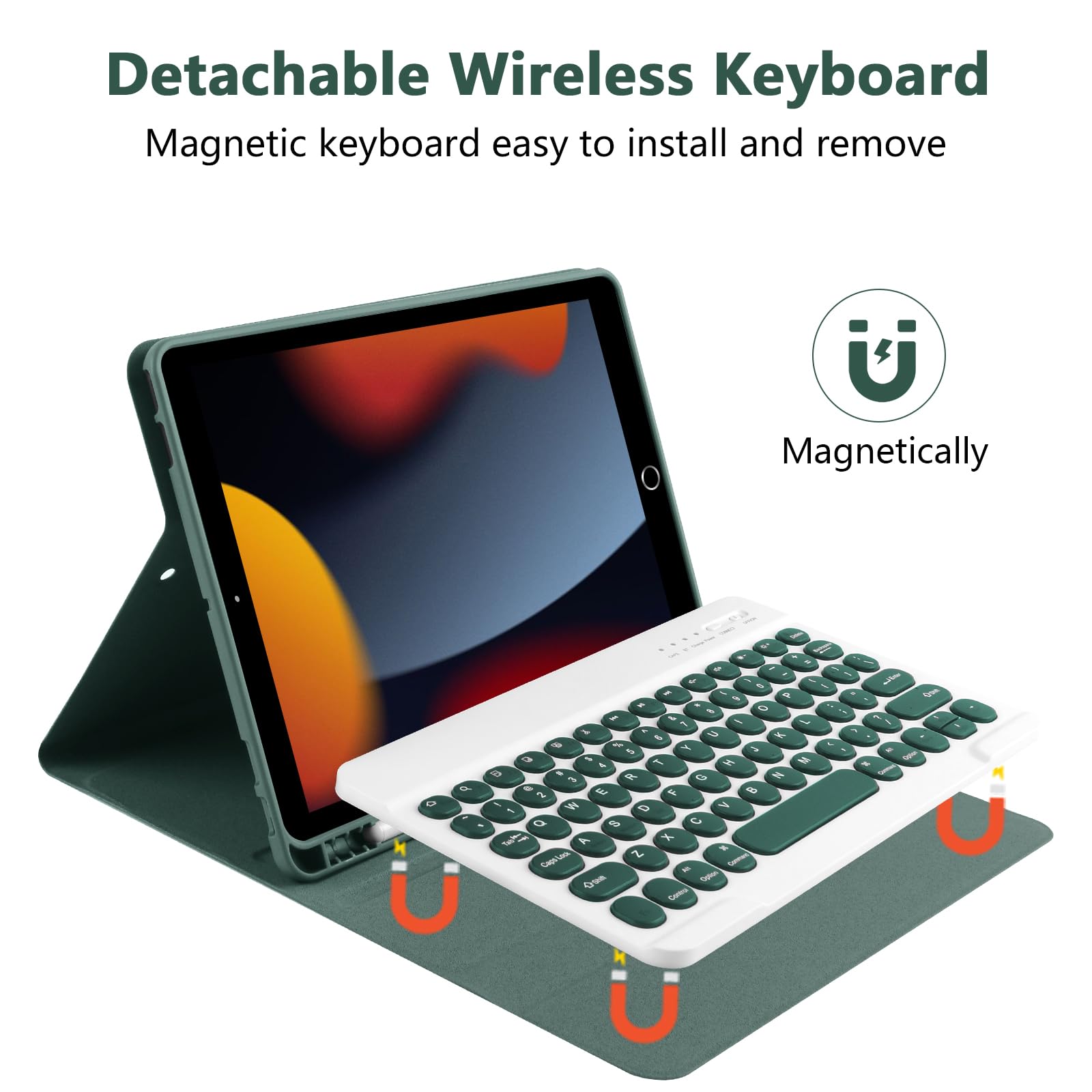 Keyboard Case for iPad 9th/8th/7th Generation Case with Keyboard 10.2inch 2021/2020/2019, BT Wireless Keyboard Case for iPad Air 10.5 3rd Gen, Slim Leather with Pencil Holder for iPad Pro Dark Green