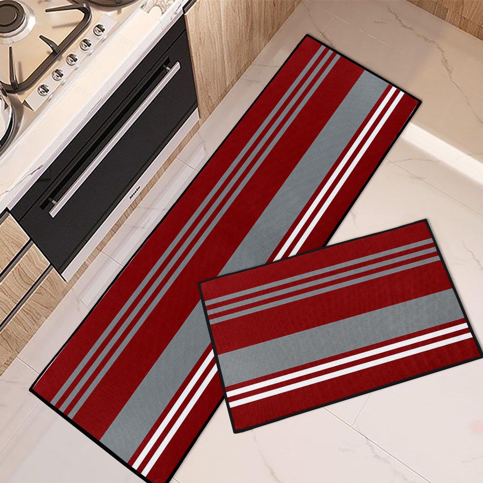 Tayney Burgundy Stripes Kitchen Rugs and Mats Non Skid Washable Set of 2, Red Grey Lines Kitchen Mats for Floor, Abstract Geometric Kitchen Runner Rug Vintage Kitchen Decor