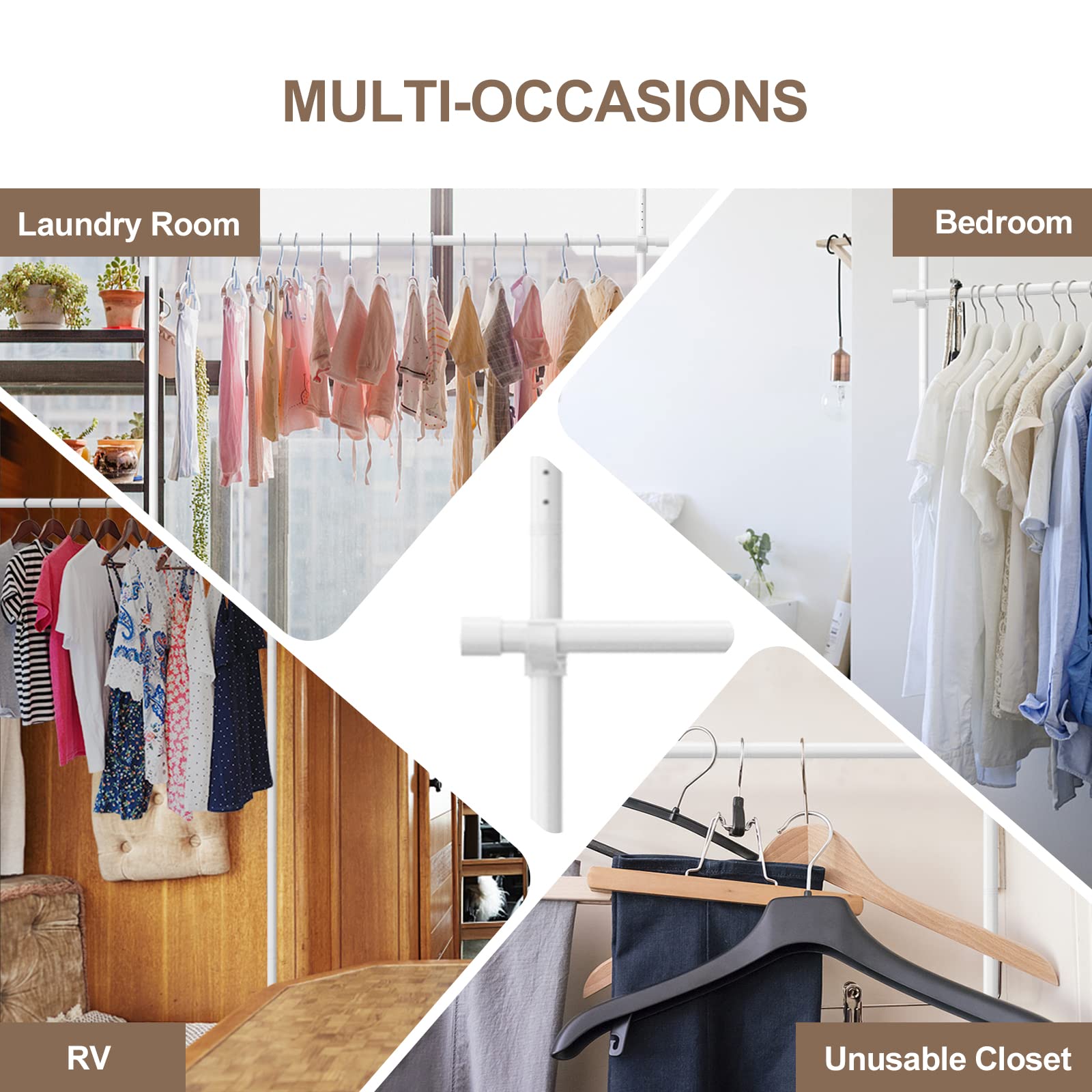 Closet Organizer Garment Rack, Heavy Duty 2-Tier Adjustable Free Standing Clothes Laundry Drying Rack, Floor to Ceiling Clothing Hanger Tension Rod Closet System Wardrobe Storage (White)