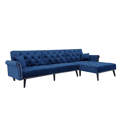 FANYE Navy Corner Velvet Tufted, L-Shaped 3 Seater Sofa & Sectional Convertible Sleeper Couch Bed with Reversible Chaise and Nailhead Decor for Home Office Apartment Living Room