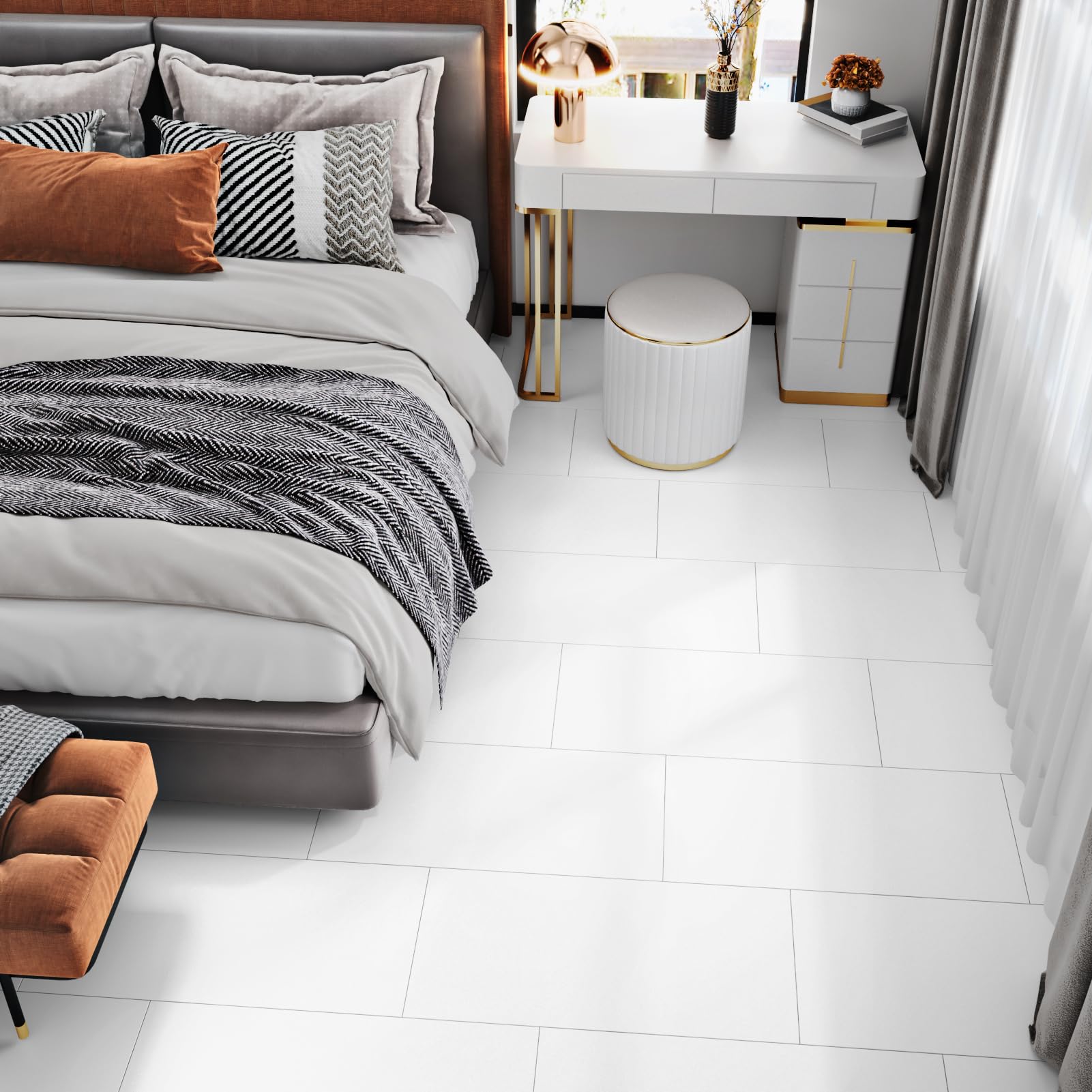 STICKEEP White Peel and Stick Floor Tile Waterproof 12"x24" Sheet Vinyl Flooring Peel and Stick Bathroom Floor Tile Stickers Linoleum Flooring Self Adhesive Floor Tiles Vinyl for Bedroom Kitchen 4 PCS