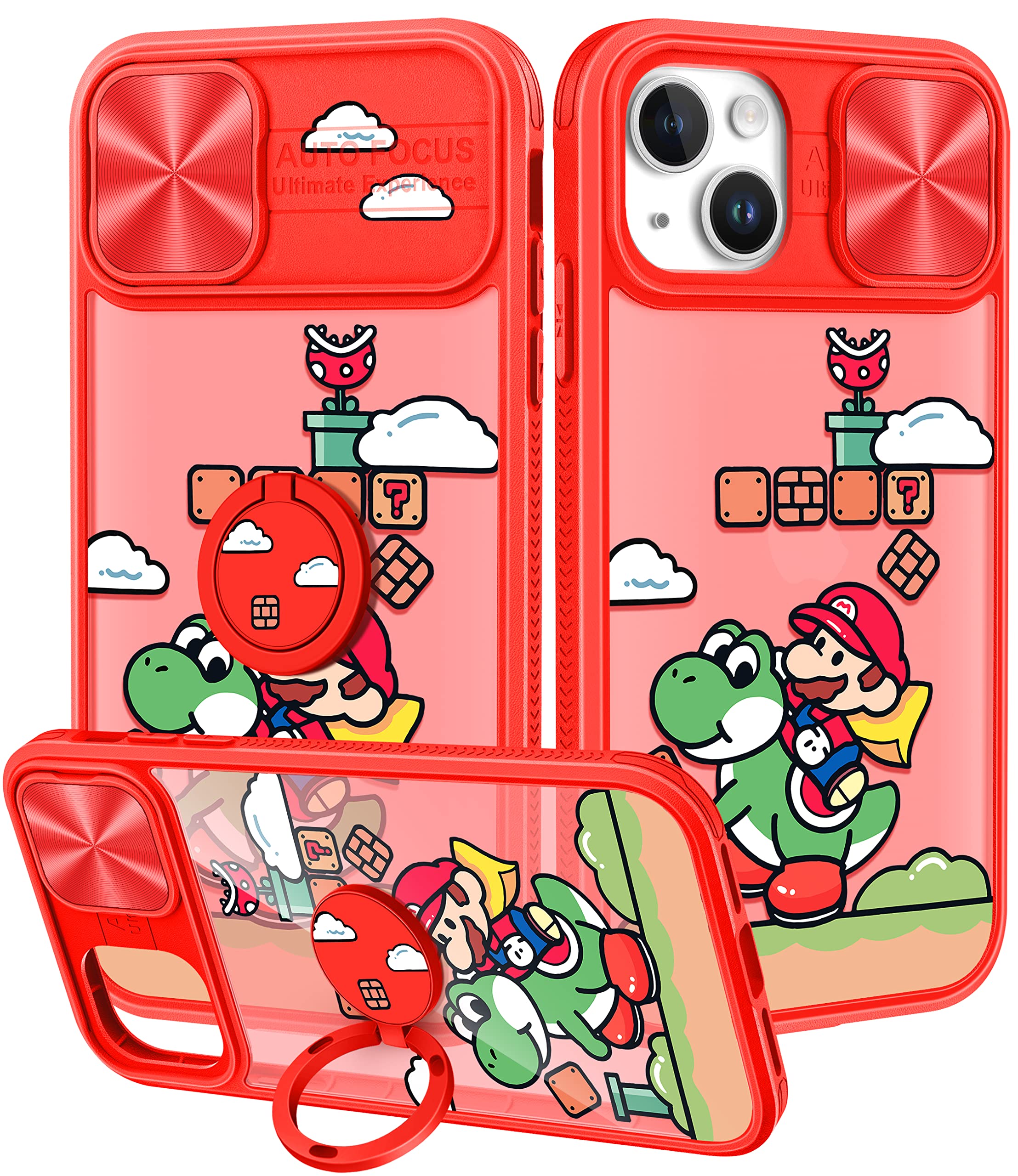 Joyleop (2in1 for iPhone 13 Case Cartoon Cute Maliao for Girls Pretty Women Teen Kids Girly Phone Covers Red Pattern Design with Slide Camera Cover+Ring Holder for Apple 13 6.1”