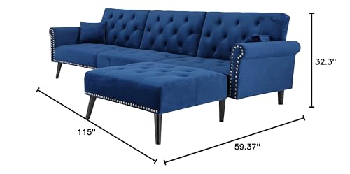 FANYE Navy Corner Velvet Tufted, L-Shaped 3 Seater Sofa & Sectional Convertible Sleeper Couch Bed with Reversible Chaise and Nailhead Decor for Home Office Apartment Living Room