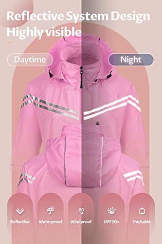 CREATMO US Women's Packable Waterproof Rain Gear Cycling Jackets Running Raincoats Lightweight Packable Windproof Windbreaker Pink M