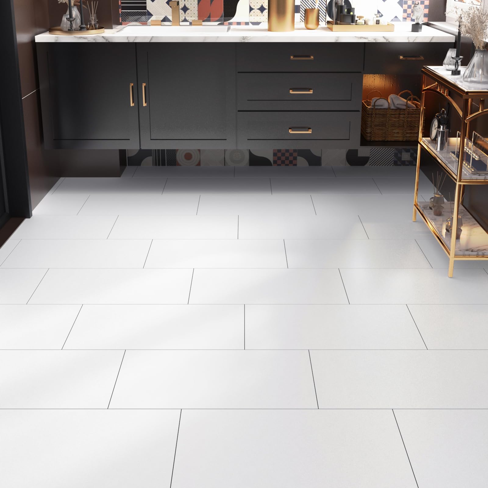 STICKEEP White Peel and Stick Floor Tile Waterproof 12"x24" Sheet Vinyl Flooring Peel and Stick Bathroom Floor Tile Stickers Linoleum Flooring Self Adhesive Floor Tiles Vinyl for Bedroom Kitchen 4 PCS